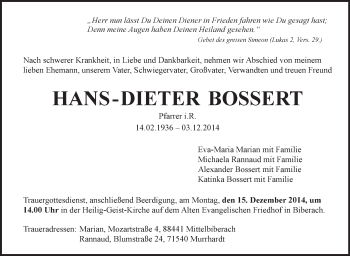 Traueranzeigen von Hans-Dieter Bossert | schwaebische.de Trauerportal