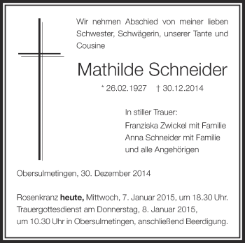Traueranzeigen von Mathilde Schneider | schwaebische.de Trauerportal