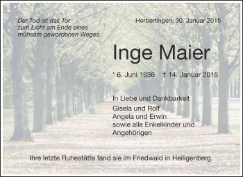 Traueranzeigen von Inge Maier | schwaebische.de Trauerportal