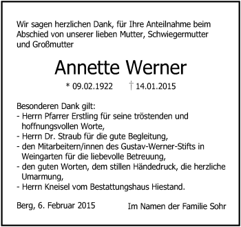 Traueranzeigen von Annette Werner | schwaebische.de Trauerportal