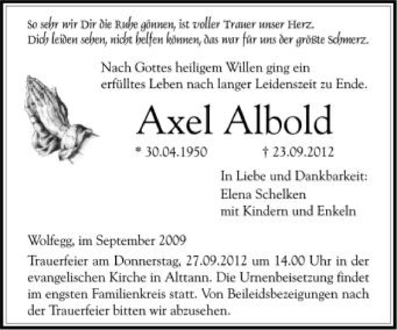 Traueranzeigen von Axel Albold | schwaebische.de Trauerportal