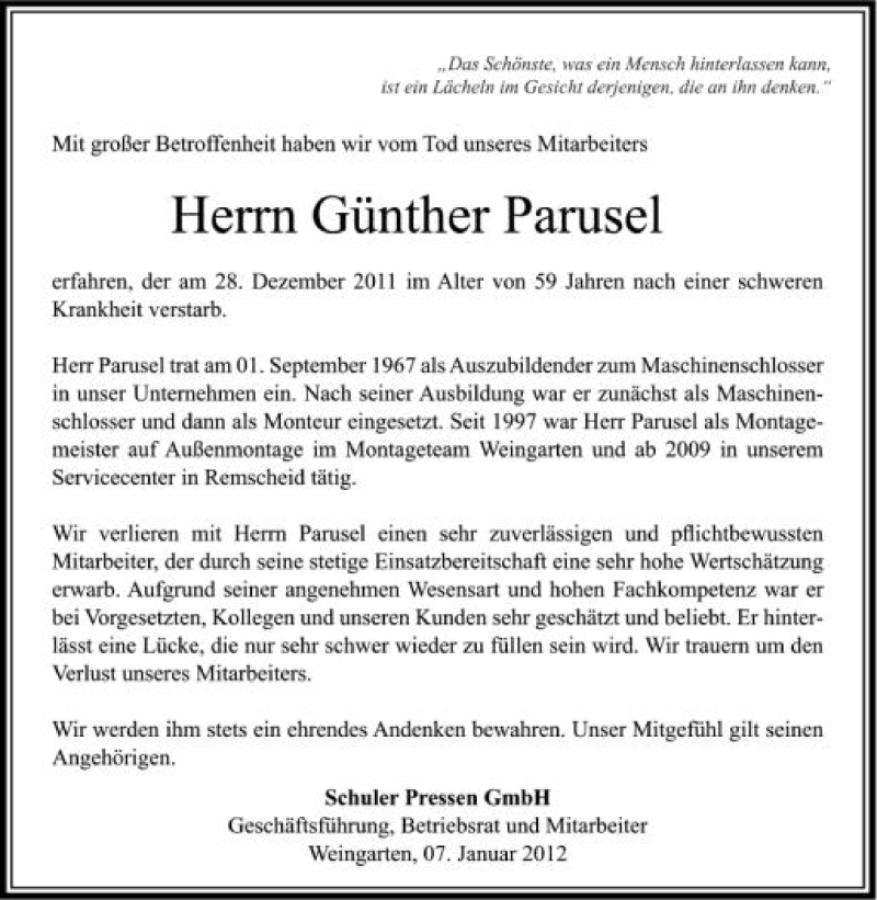 Traueranzeigen von Günther Parusel | schwaebische.de Trauerportal