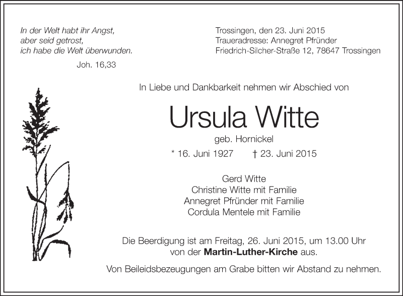Traueranzeigen von Ursula Witte | schwaebische.de Trauerportal
