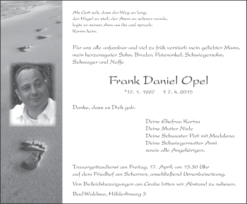 Traueranzeigen von Frank Daniel Opel | schwaebische.de Trauerportal