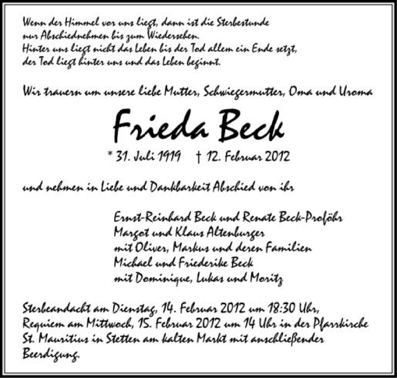 Traueranzeigen von Frieda Beck | schwaebische.de Trauerportal
