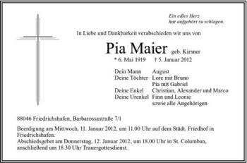 Traueranzeigen von Pia Maier | schwaebische.de Trauerportal