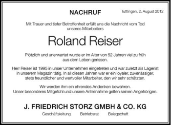 Traueranzeigen von Roland Reiser | schwaebische.de Trauerportal