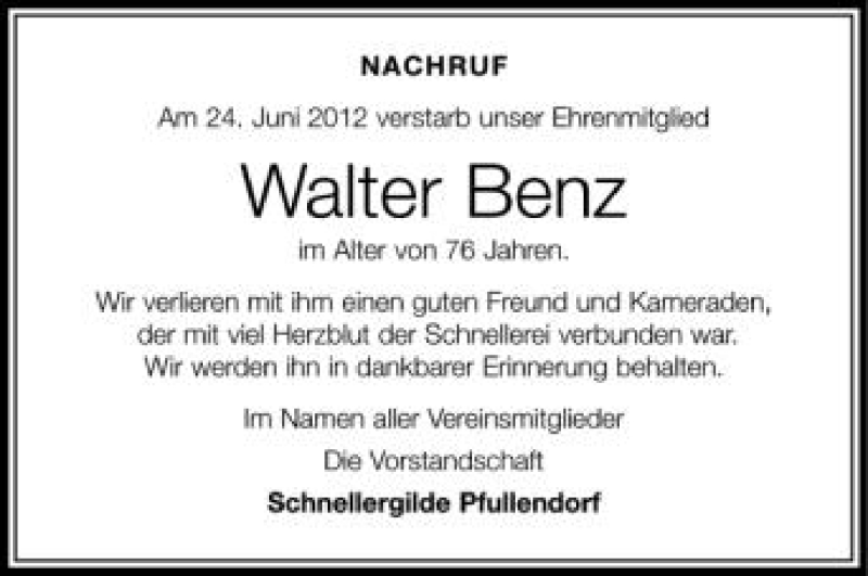 Traueranzeigen von Walter Benz | schwaebische.de Trauerportal