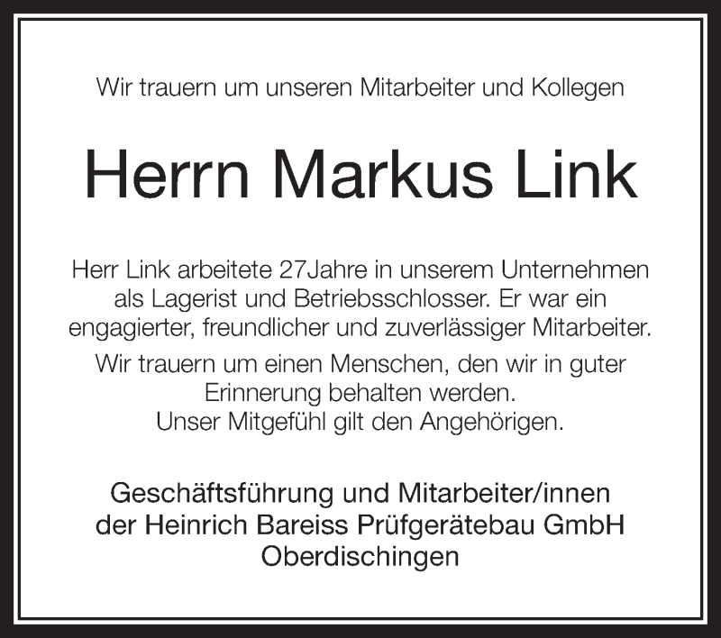 Traueranzeigen von Markus Link | schwaebische.de Trauerportal