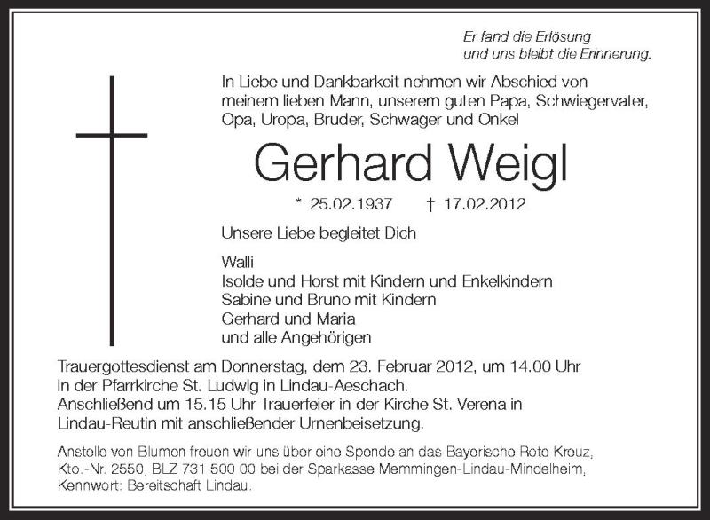 Traueranzeigen von Gerhard Weigl | schwaebische.de Trauerportal