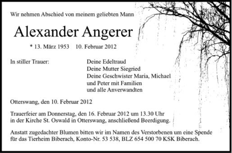 Traueranzeigen von Alexander Angerer | schwaebische.de Trauerportal