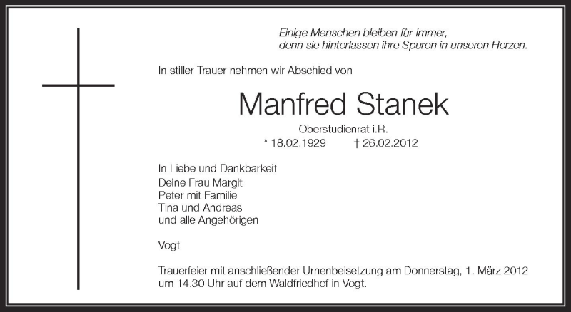 Traueranzeigen von Manfred Stanek | schwaebische.de Trauerportal