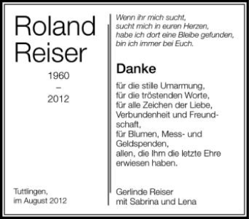 Traueranzeigen von Roland Reiser | schwaebische.de Trauerportal