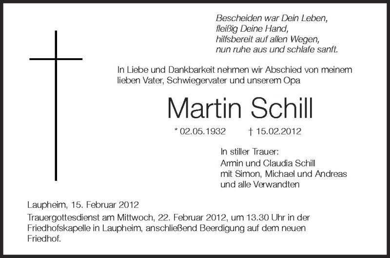 Traueranzeigen von Martin Schill | schwaebische.de Trauerportal