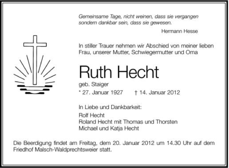 Traueranzeigen von Ruth Hecht | schwaebische.de Trauerportal