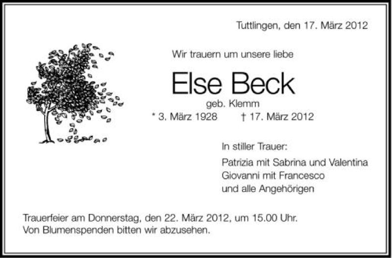 Traueranzeigen von Else Beck | schwaebische.de Trauerportal