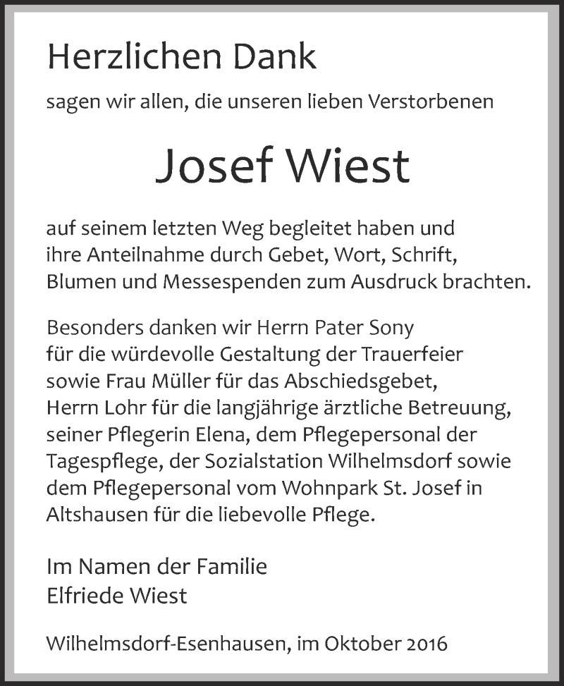Traueranzeigen von Josef Wiest | schwaebische.de Trauerportal