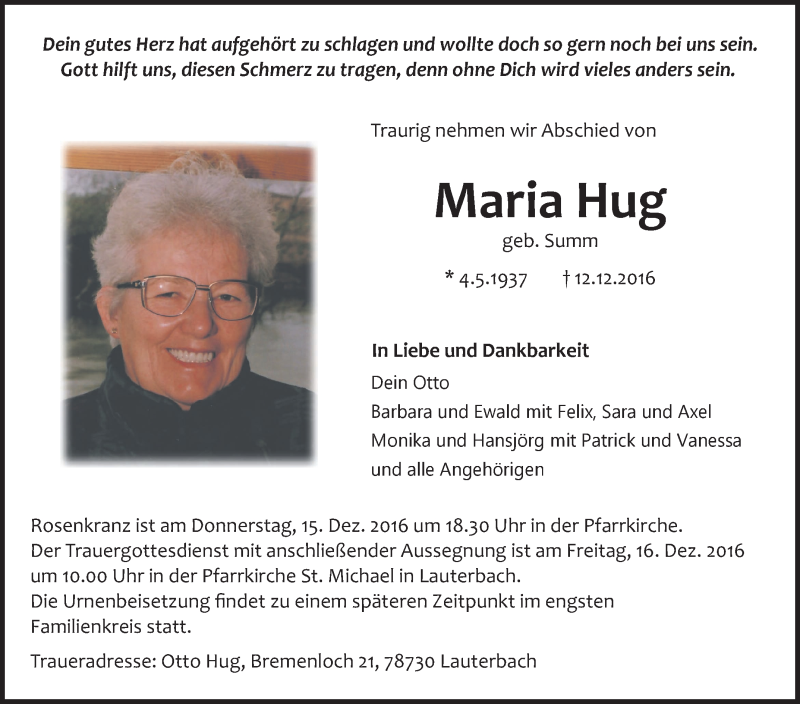 Traueranzeigen von Maria Hug | schwaebische.de Trauerportal