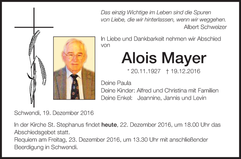 Traueranzeigen von Alois Mayer | schwaebische.de Trauerportal