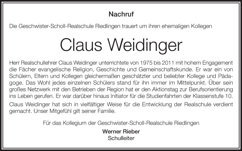 Traueranzeigen von Claus Weidinger | schwaebische.de Trauerportal