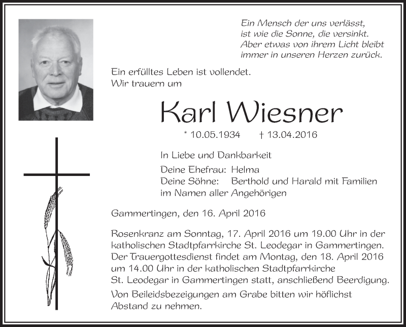 Traueranzeigen von Karl Wiesner | schwaebische.de Trauerportal