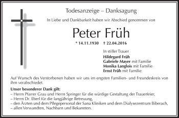 Traueranzeigen von Peter Früh | schwaebische.de Trauerportal