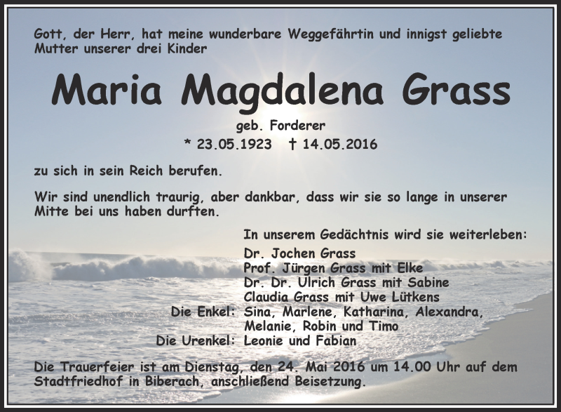 Traueranzeigen von Maria Magdalena Grass | schwaebische.de Trauerportal