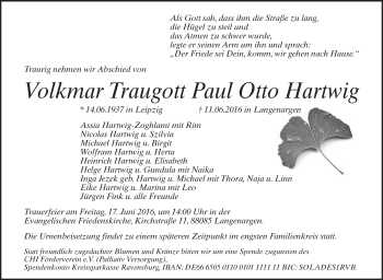 Traueranzeigen von Volkmar Traugott Paul Otto Hartwig | schwaebische.de ...