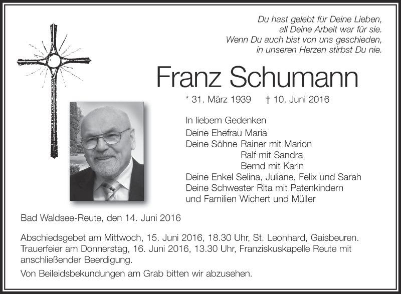 Traueranzeigen von Franz Schumann | schwaebische.de Trauerportal