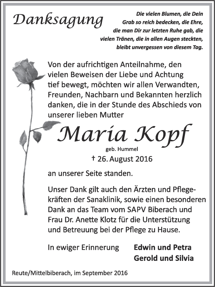 Traueranzeigen von Maria Kopf | schwaebische.de Trauerportal