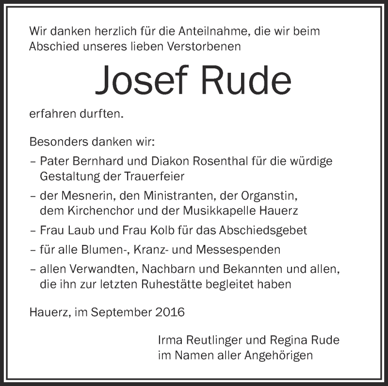 Traueranzeigen von Josef Rude | schwaebische.de Trauerportal