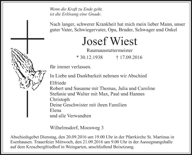 Traueranzeigen von Josef Wiest | schwaebische.de Trauerportal