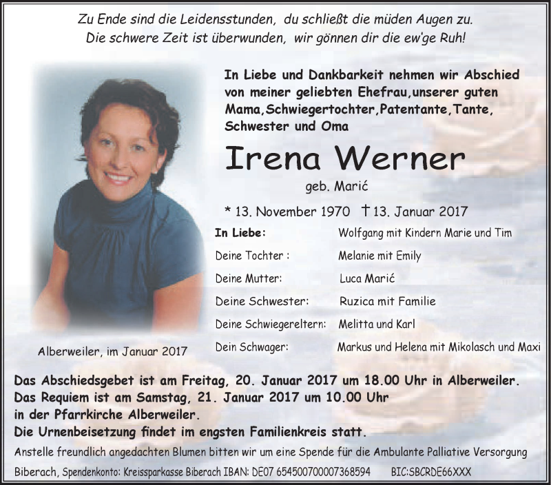 Traueranzeigen von Irena Werner | schwaebische.de Trauerportal