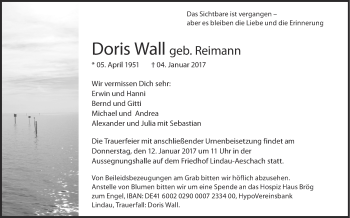 Traueranzeigen von Doris Wall | schwaebische.de Trauerportal