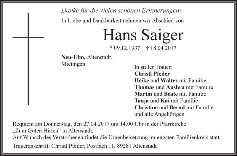 Traueranzeigen von Hans Saiger | schwaebische.de Trauerportal