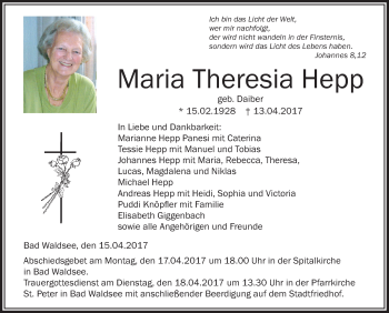 Traueranzeigen von Maria Theresia Hepp | schwaebische.de Trauerportal