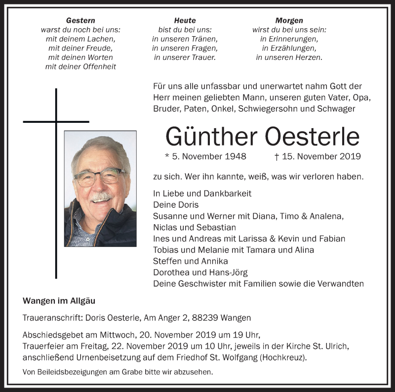 Traueranzeigen von Günther Oesterle | schwaebische.de Trauerportal