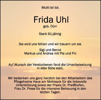 Traueranzeigen von Frida Uhl | schwaebische.de Trauerportal