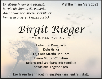 Traueranzeigen von Birgit Rieger | schwaebische.de Trauerportal