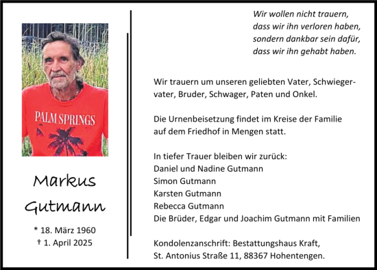 Traueranzeigen von Markus Gutmann | schwaebische.de Trauerportal